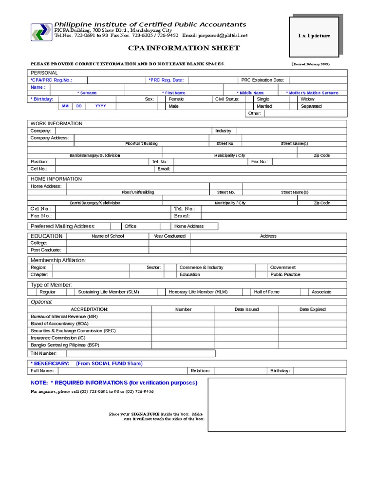 Cpa Information Sheet: Philippine Institute of Certified Public ...