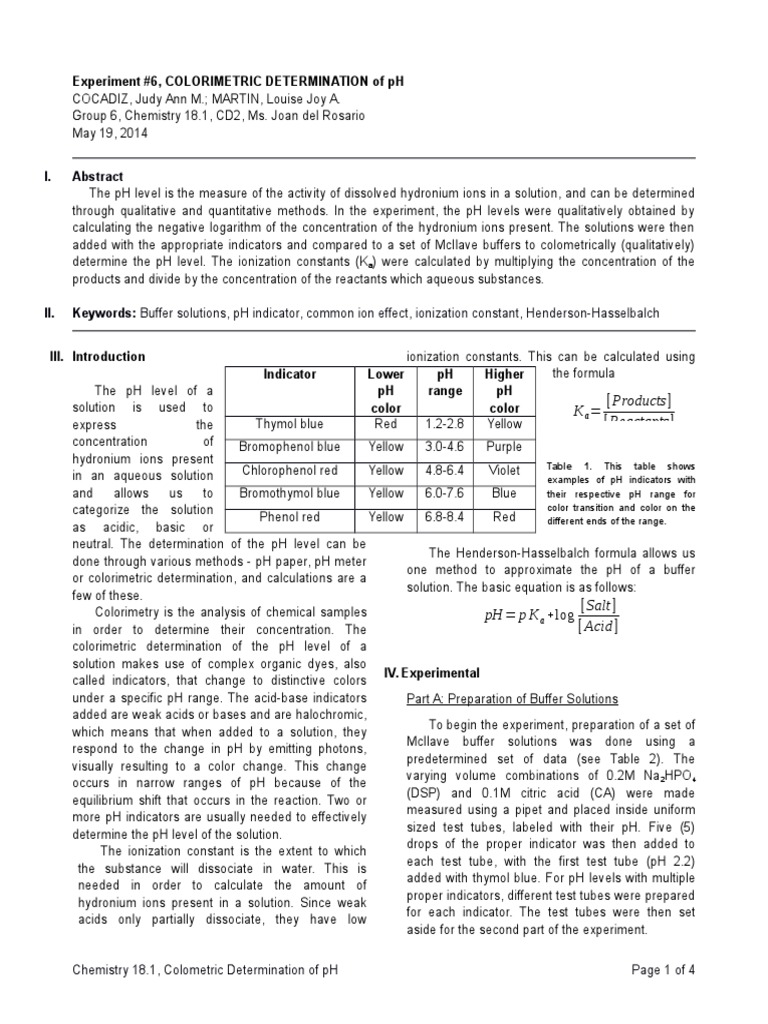 Chem 18.1 Experiment 6 Formal Report | PDF | Ph | Buffer Solution