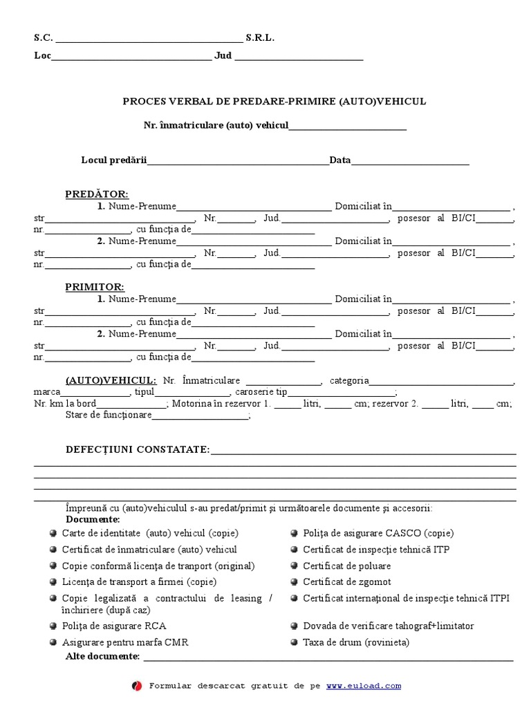 Proces Verbal Predare-Primire Auto | PDF