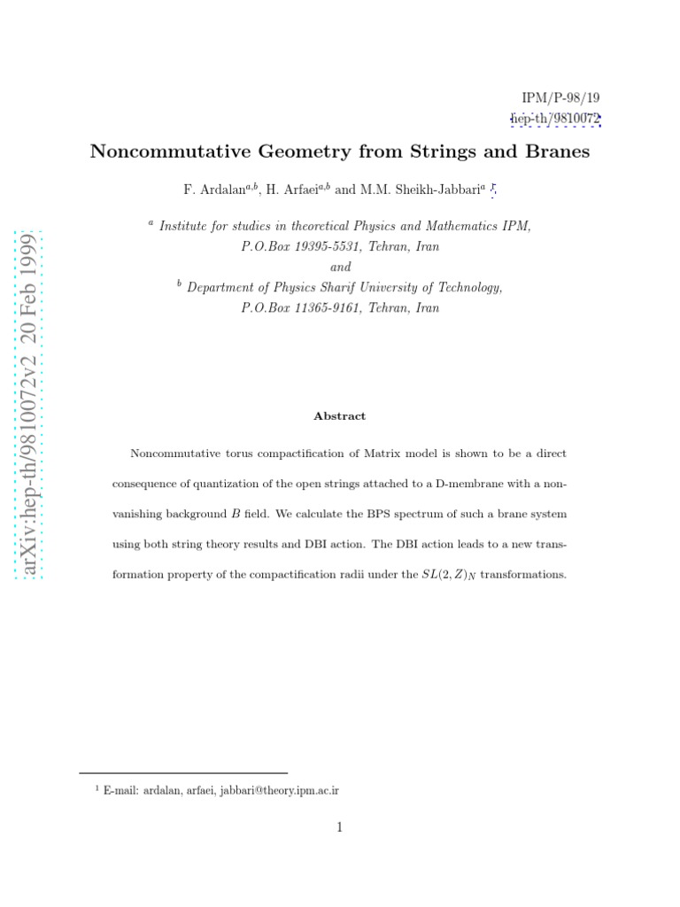Noncommutative Geometry From Strings and Branes: A, B A, B A1 | PDF | String Theory | Matrix ...