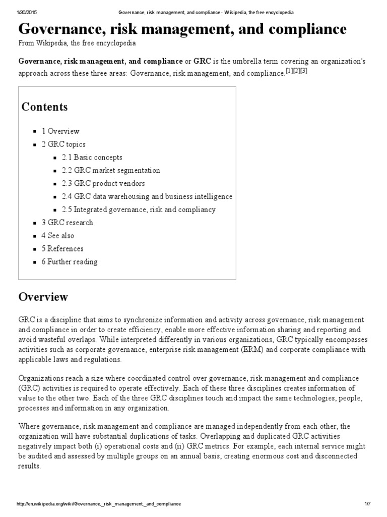 Governance, Risk Management, and Compliance - Wikipedia, The Free ...