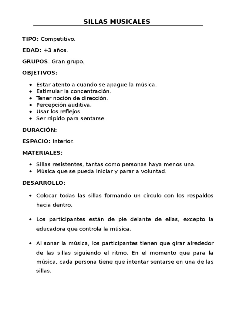 Reglas del Juego de Sillas Musicales | PDF | Hogar, jardinería y ...