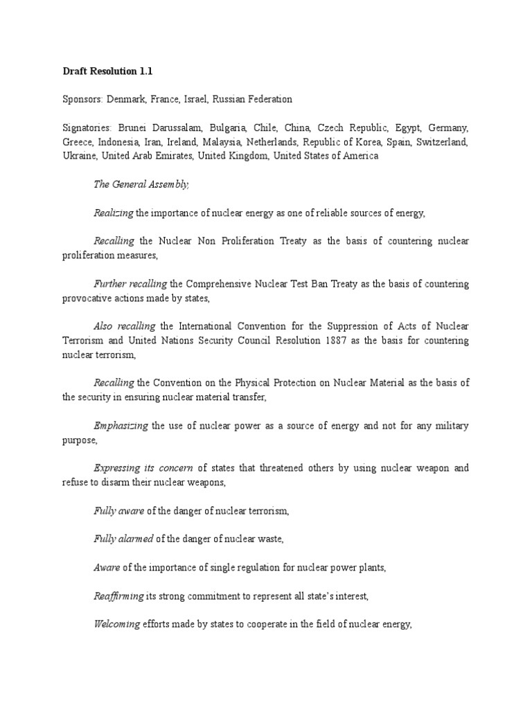 Draft Resolution Example-1 | PDF | Nuclear Weapons | Radioactive Waste