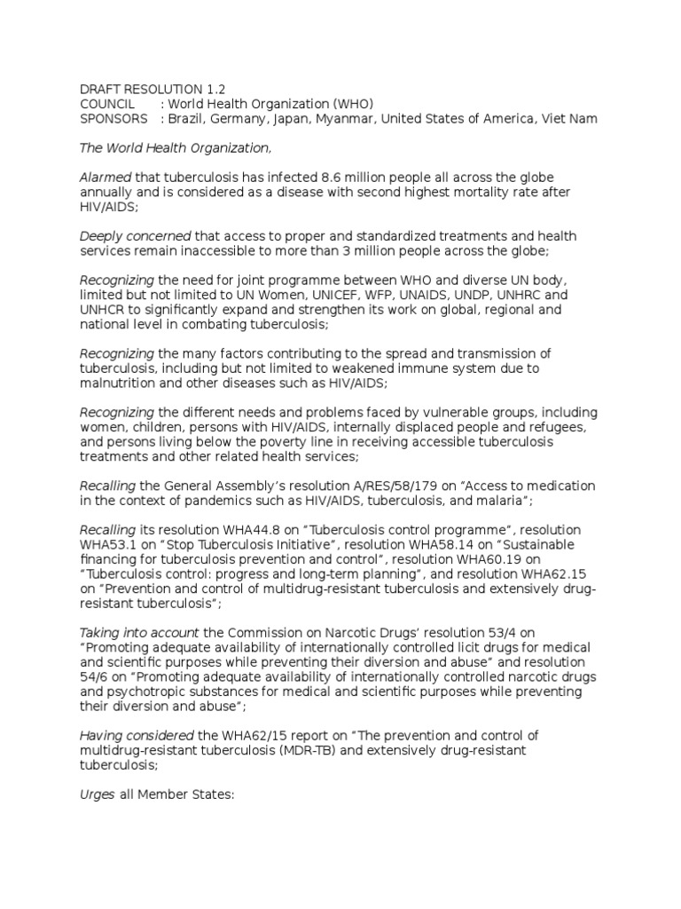 Draft Resolution Example | Tuberculosis | World Health Organization