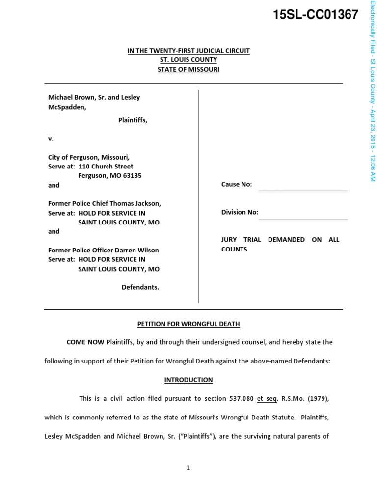 Michael Brown Family Wrongful Death Suit | PDF | Shooting Of Michael ...