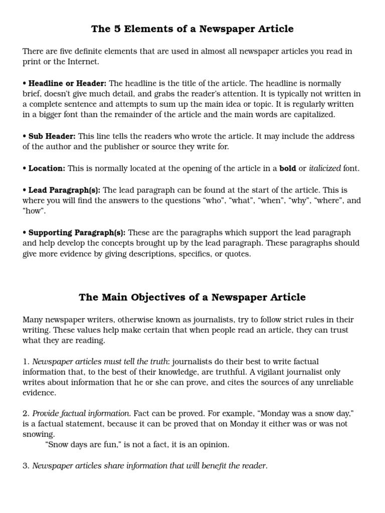 The 5 Elements of A Newspaper Article | PDF | Communication