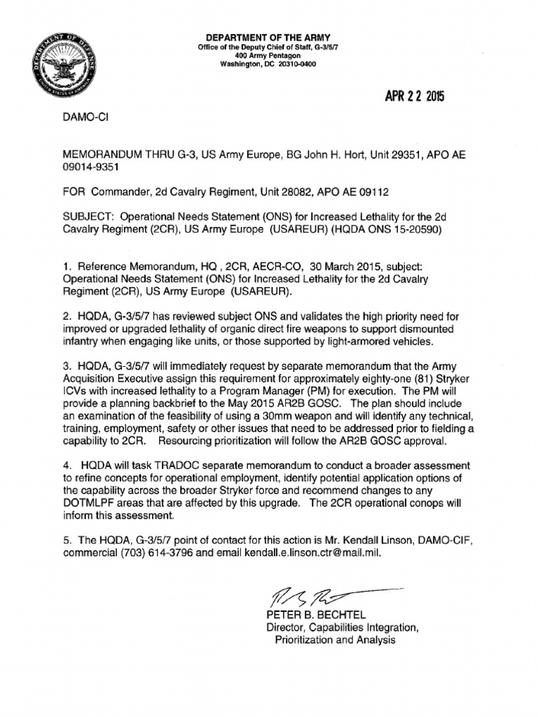 Operational Needs Statement (ONS) for Increased Lethality for the 2d ...
