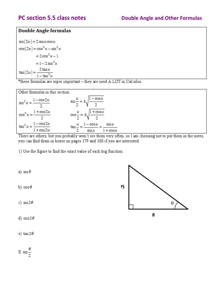 Double Angle and Trigonometric Formulas | PDF