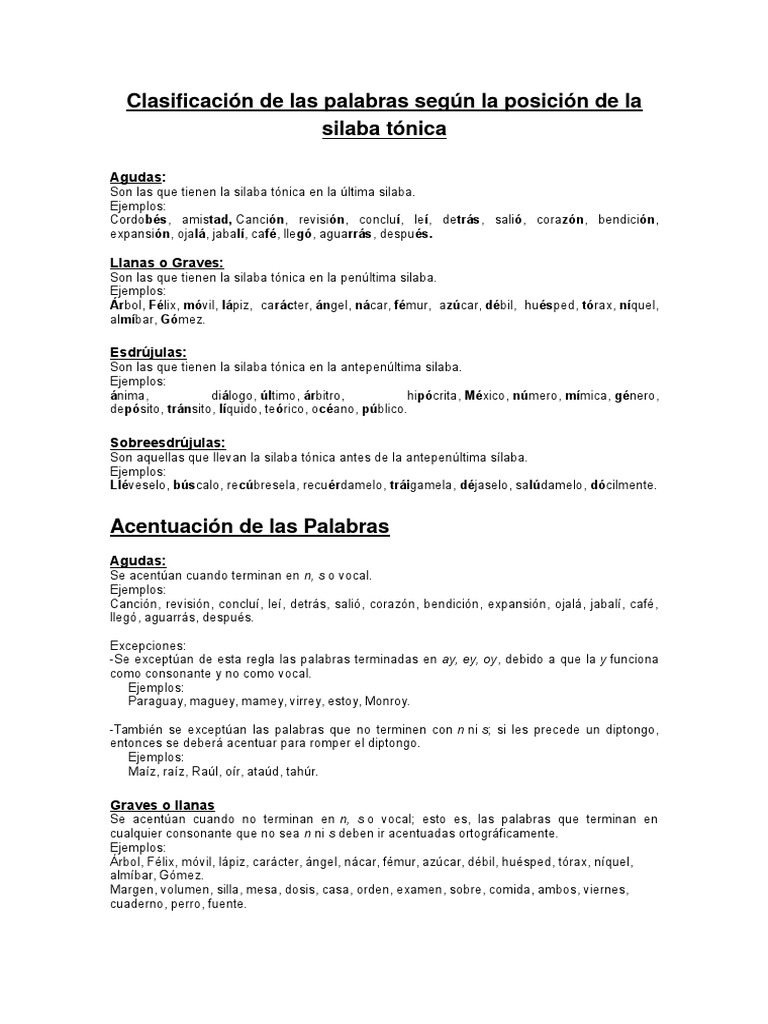 Clasificación de Las Palabras Según La Posición de La Silaba Tónica ...