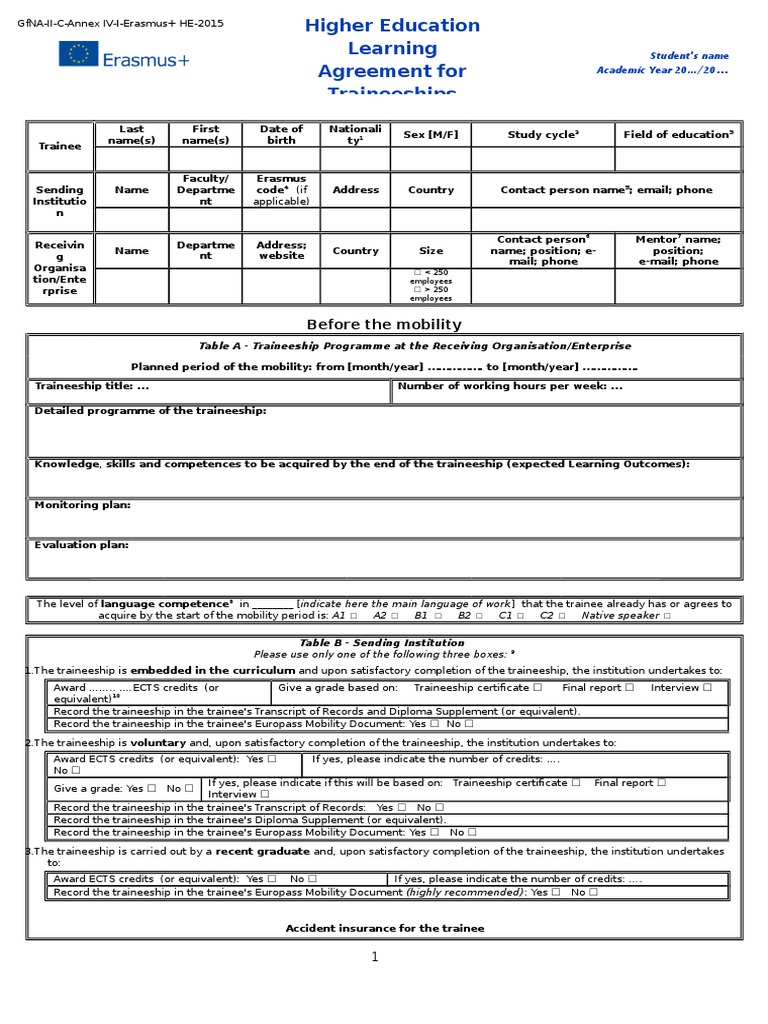 GfNA II C Annex IV HE Learning Agreement Traineeships Form Final 2015 ...