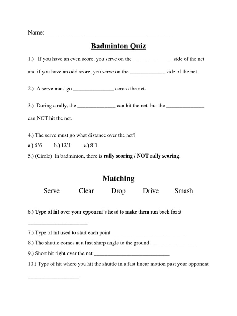 Badminton Quiz and Answer Key | PDF