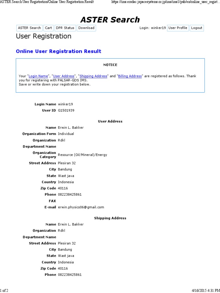 ASTER Search User Registration Details | PDF