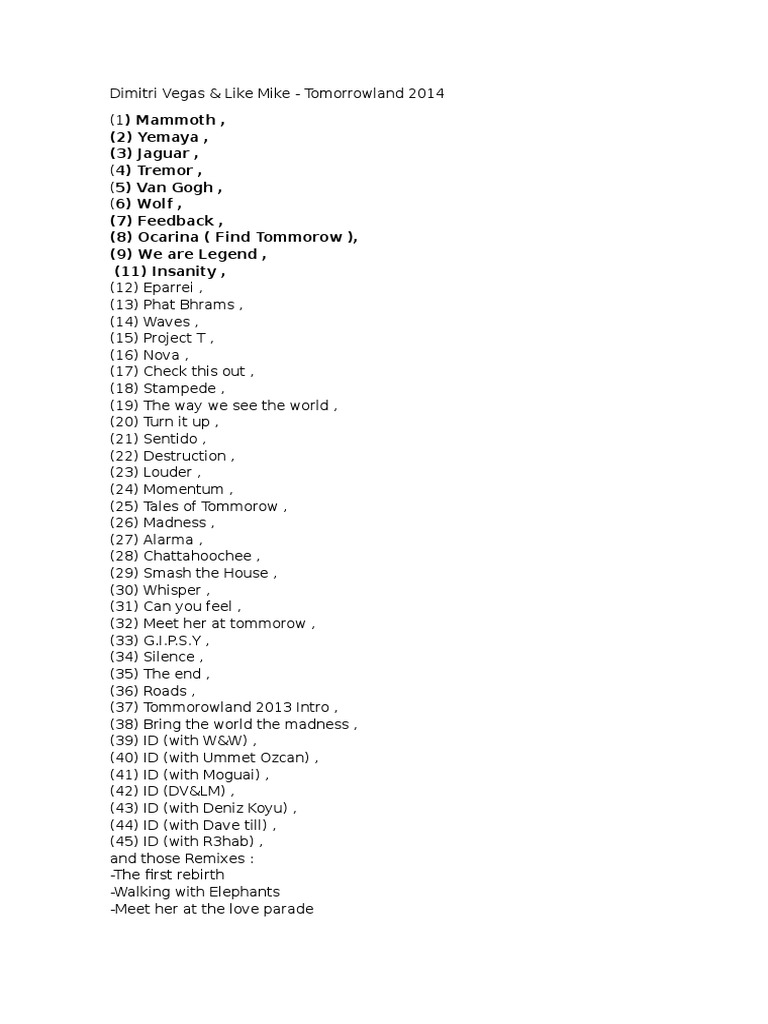 Tomorrowland 2014 Setlist Highlights | PDF | Young Adult