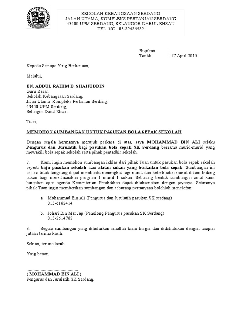 Contoh Surat Latihan Bola Sepak