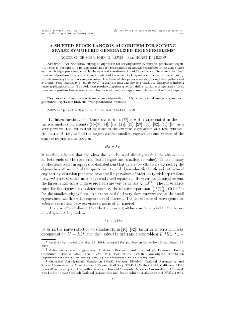 A Shifted Block Lanczos Algorithm For Solving Sparse Symmetric Generalized Eigenproblems | PDF ...