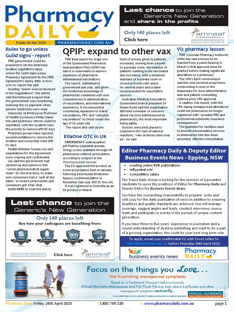 Pharmacy Daily For Fri 24 Apr 2015 - QPIP: Expand To Other Vax, Vic ...