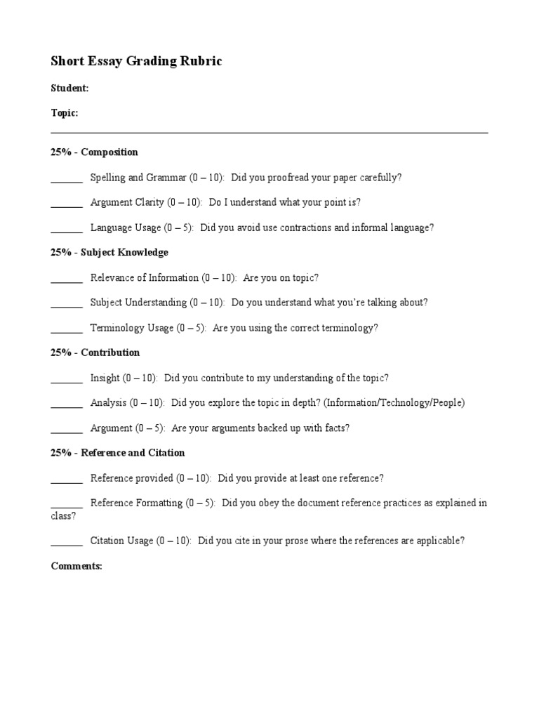 Short Essay Grading Rubric Guide | PDF