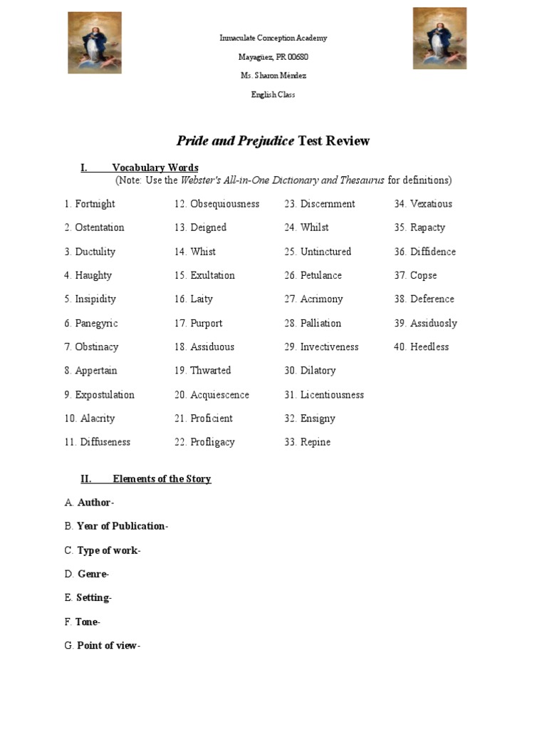 Pride and Prejudice Test Review-Student Edition | PDF | Pride And ...