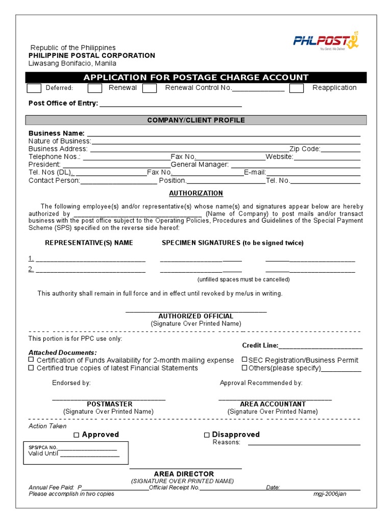 Postal Charge Account Application Form | PDF | United States Postal ...