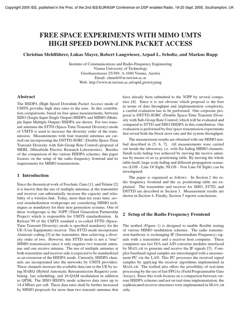 Free Space Experiments With Mimo Umts High Speed Downlink Packet Access | PDF | Mimo | High ...