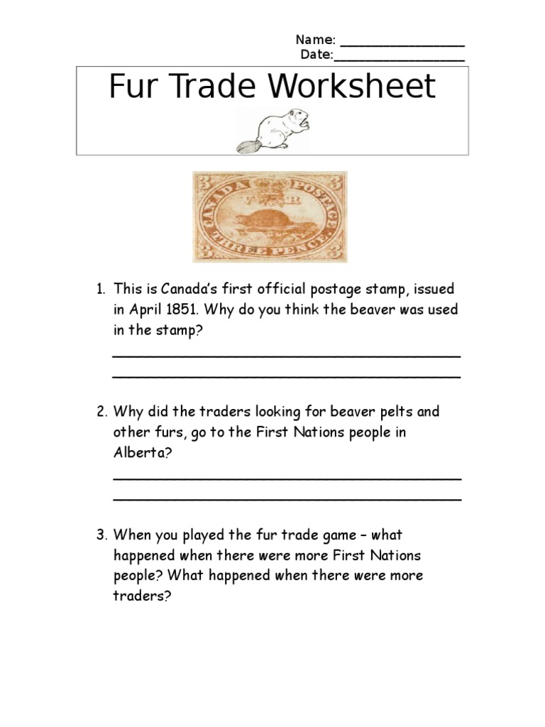 Fur Trade Worksheet: Name: - Date | PDF