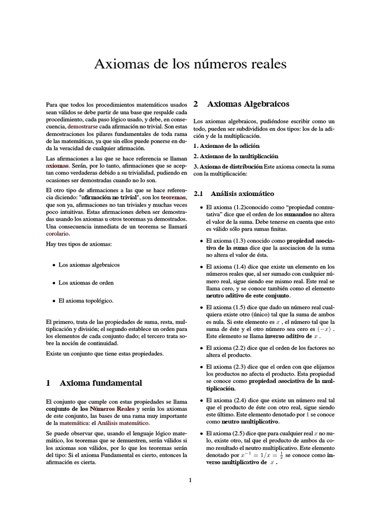 Axiomas de Los Números Reales | PDF | Axioma | Conjunto (Matemáticas)
