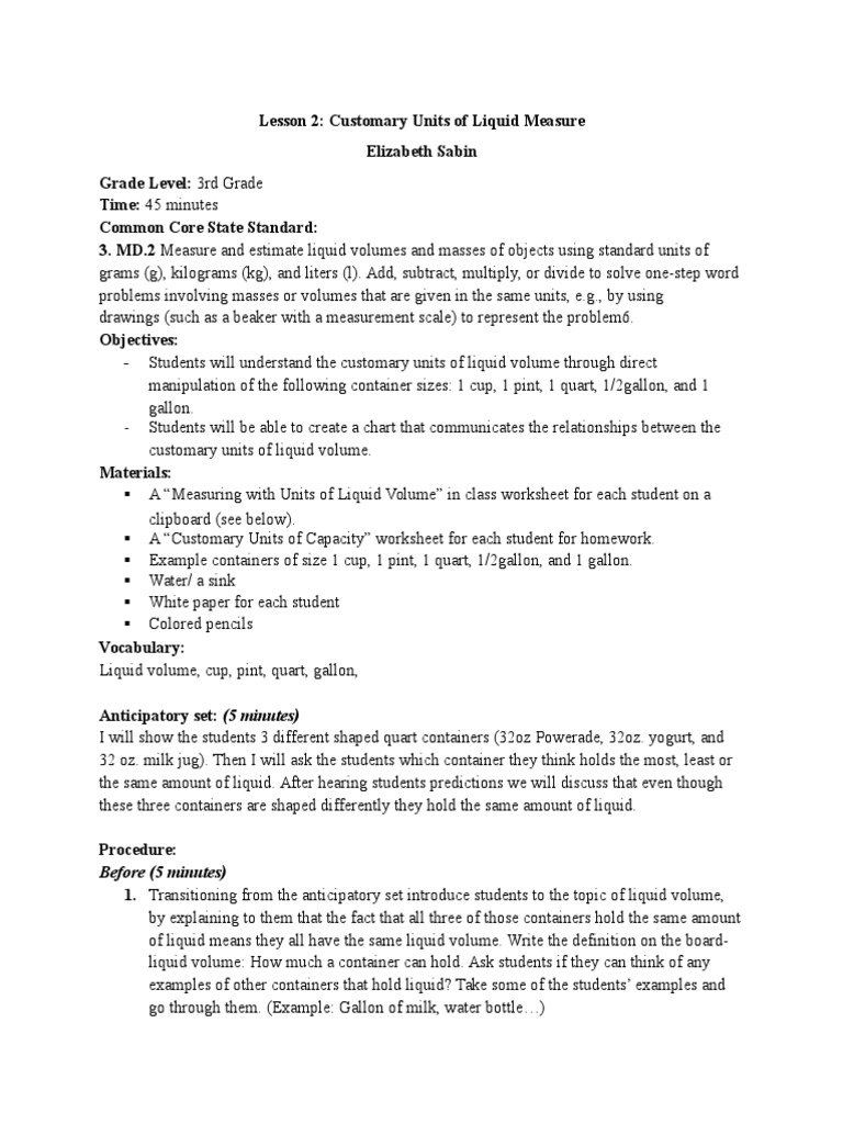Lesson 2 Customary Units of Liquid Measure | PDF | Gallon | Pint