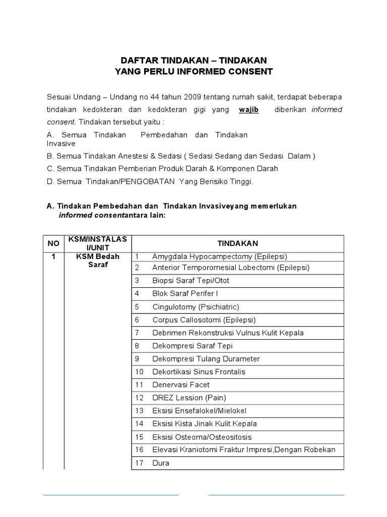 Contoh Daftar. Tindakan Yg Perlu Informed Consent | PDF
