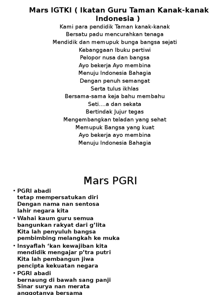 Mars IGTKI (Ikatan Guru Taman Kanak-Kanak Indonesia | PDF | Karier & Perkembangan