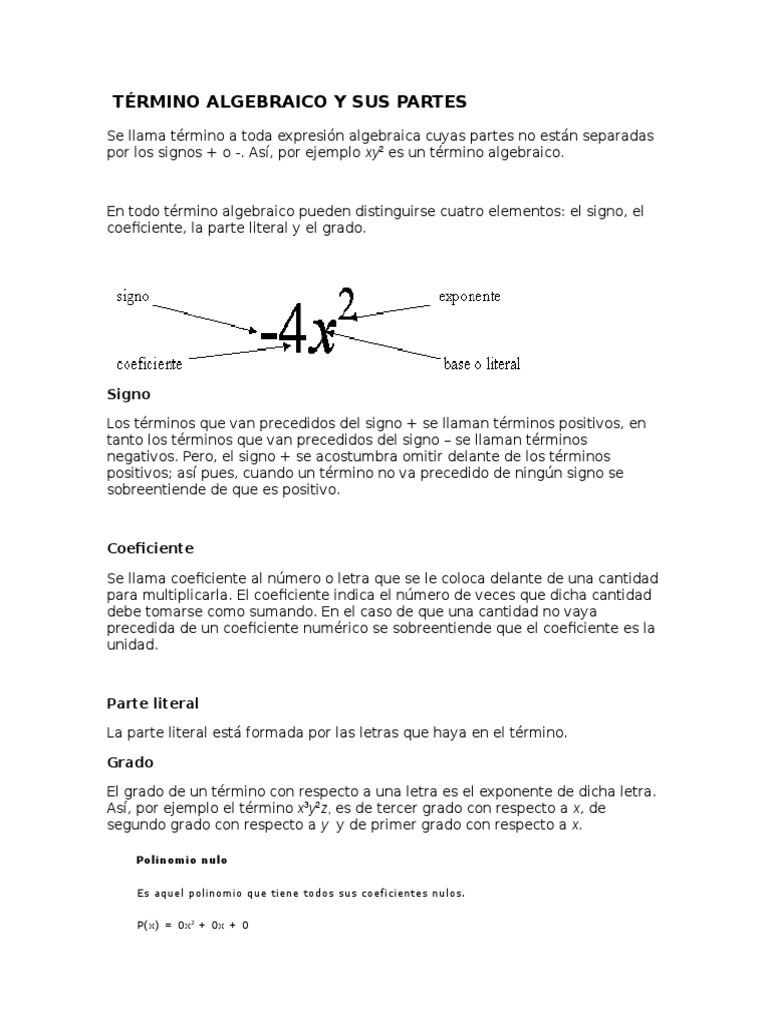 Partes de un Término Algebraico | PDF | Álgebra abstracta | Matemática ...