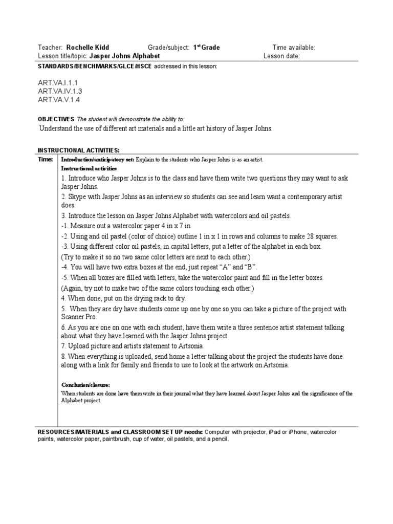 Ted 350 Lesson Plan Jasper Johns | PDF