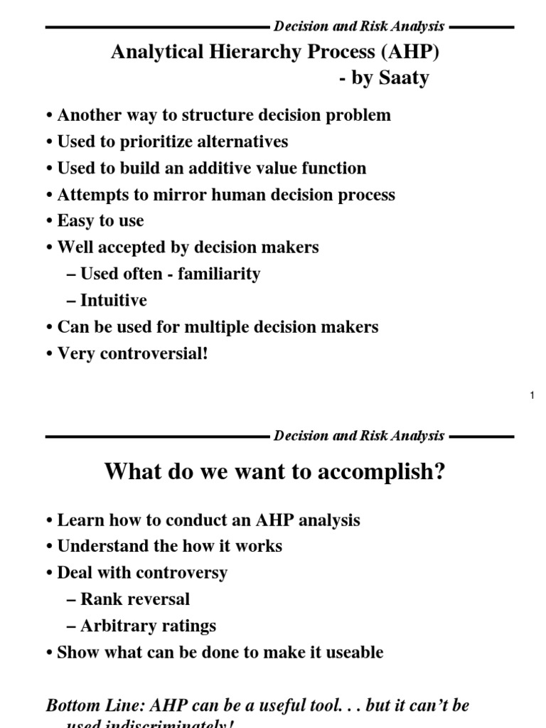 Analytical Hierarchy Process (AHP) by Saaty: Decision and Risk Analysis ...