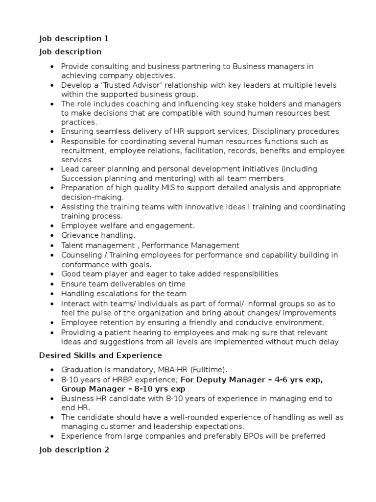 HR Job Descriptions | PDF | Human Resources | Employment