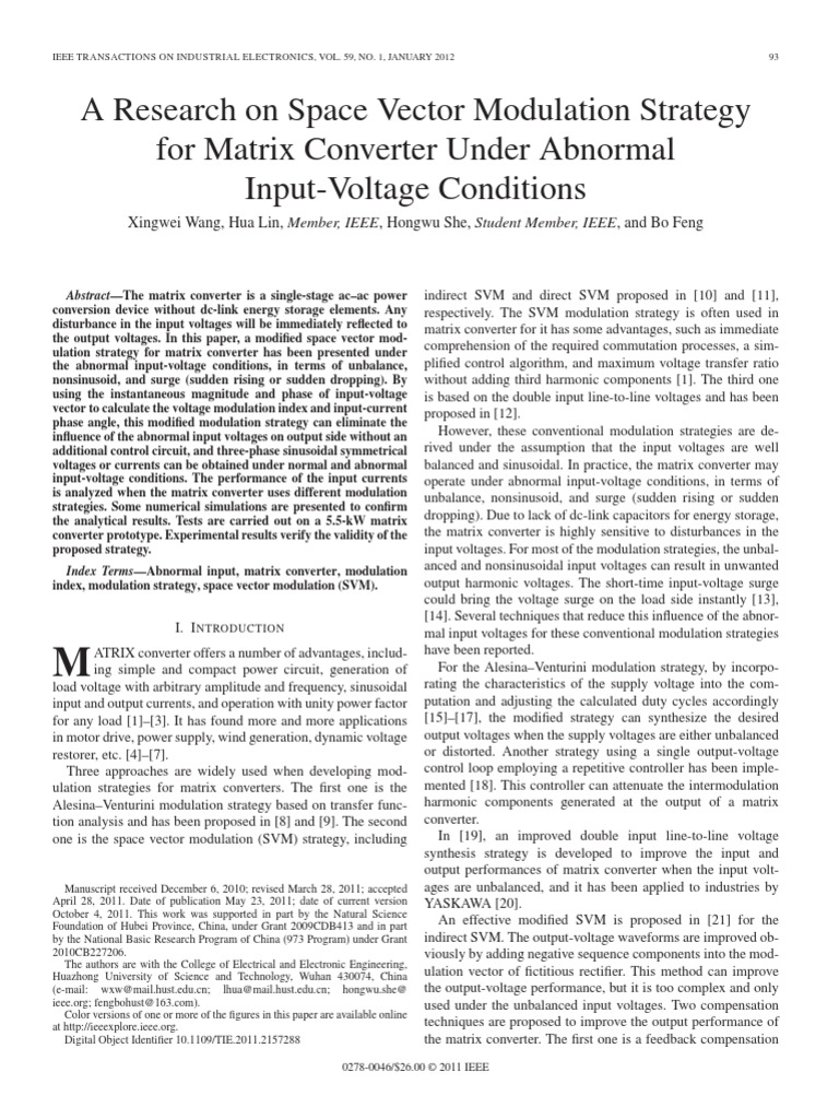 A Research On Space Vector Modulation Strategy For Matrix Converter Under Abnormal Input-Voltage ...