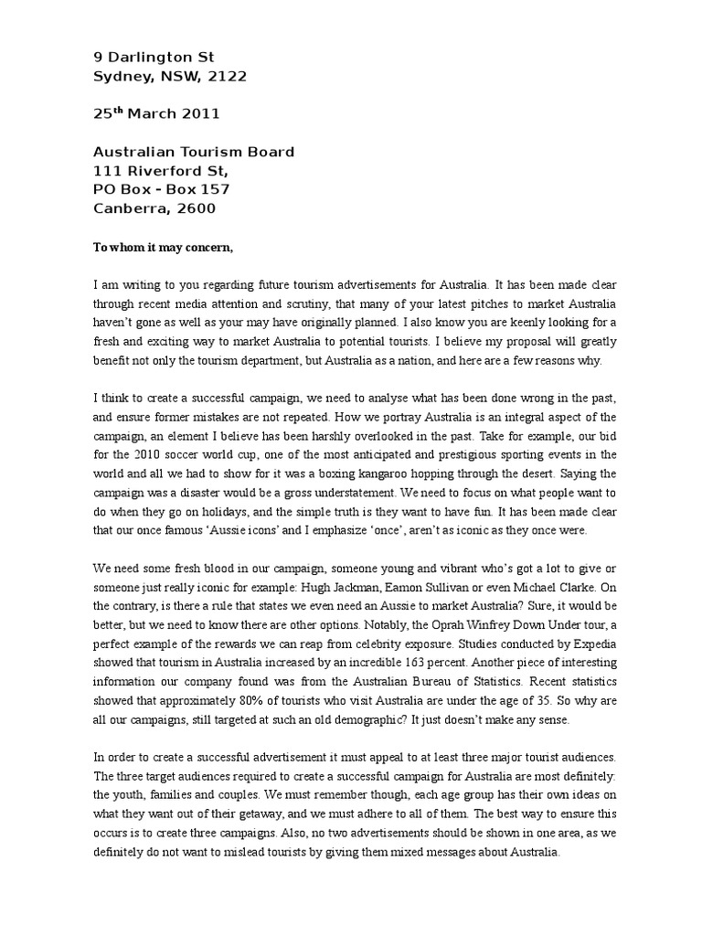 Letter To Tourism Board | PDF | Advertising | Australia