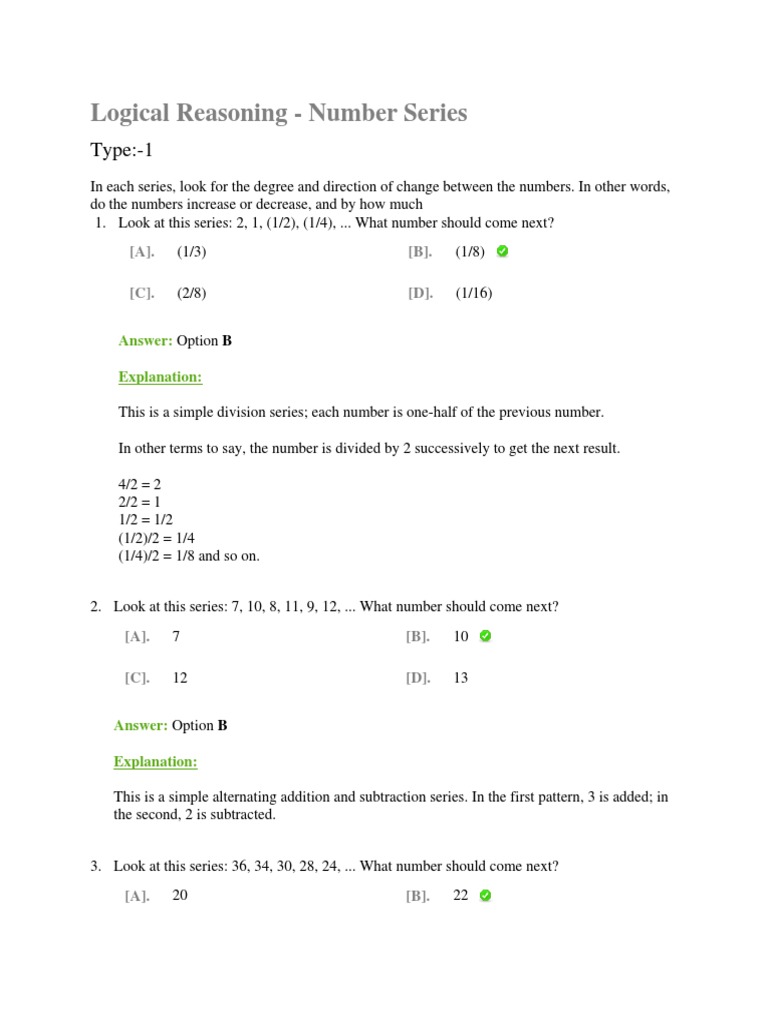 Logical Reasoning Number Series PDF Reason Subtraction