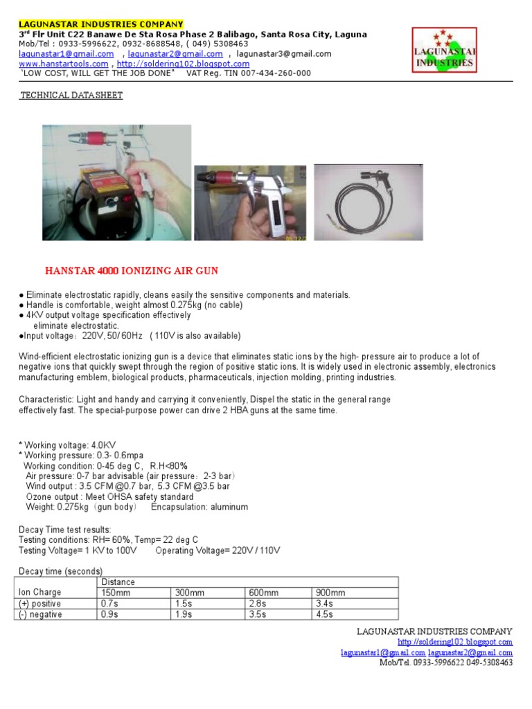 Hanstar4000 Ion Air Gun & Hanstar 080A Ion Snake Gun & Hanstar6000 Ion Bar | PDF | Voltage ...