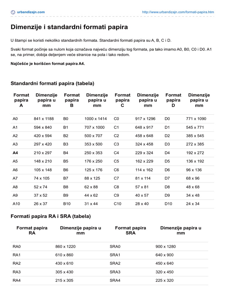 Dimenzije I Standardni Formati Papira PDF | PDF