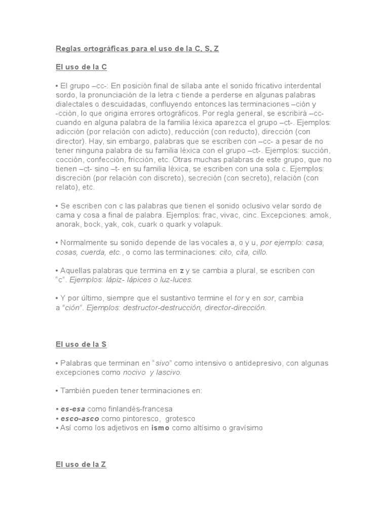 Reglas Ortográficas para El Uso de La C, S, Z | PDF | Palabra | Lingüística
