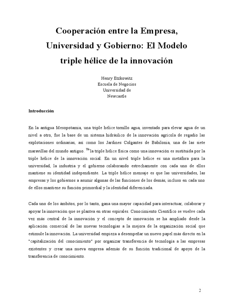 Cooperación Entre La Empresa Universidad y Gobierno El Modelo Triple ...