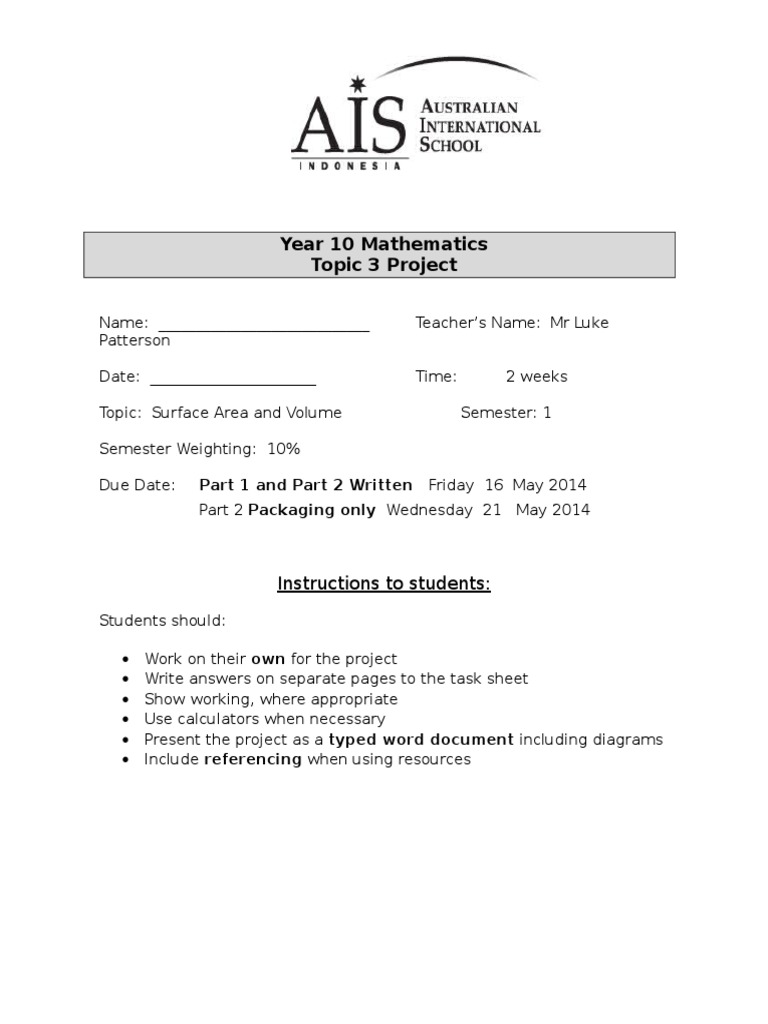 Year 10 Surface Area & Volume Project | PDF | Reason | Argument