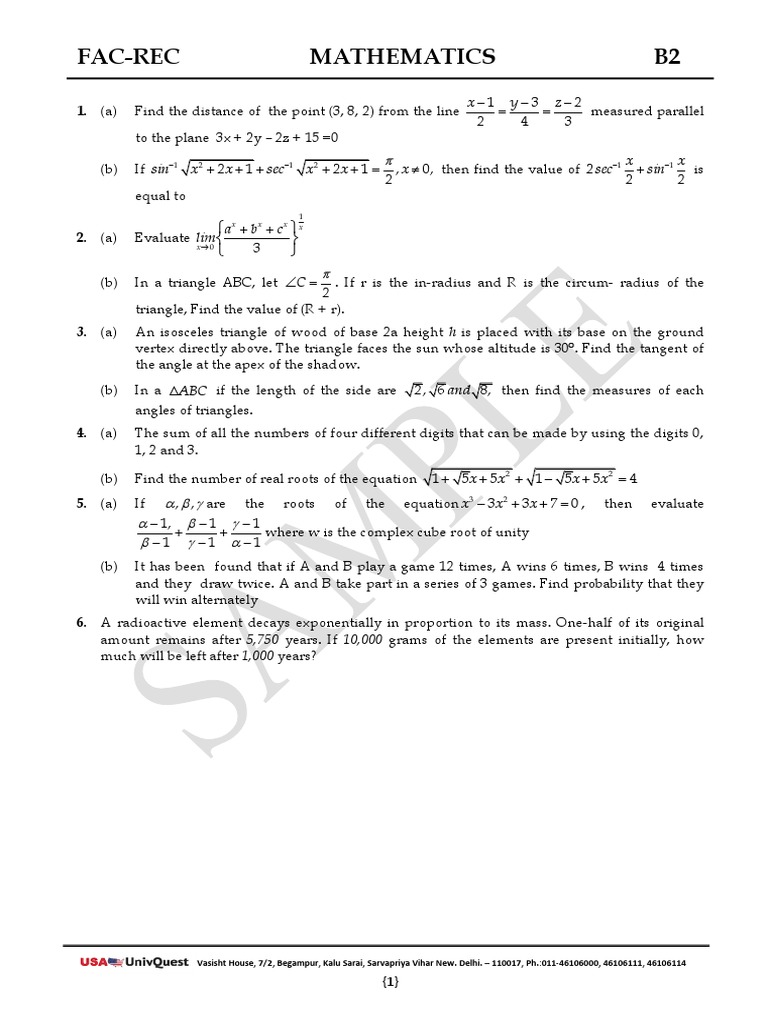 B2 Mathematics Fiitjee Test Papers | PDF