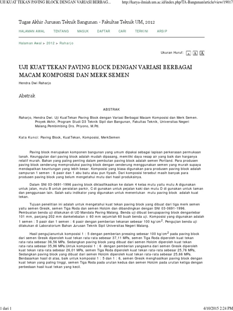 Uji Kuat Tekan Paving Block Dengan Variasi Berbagai Macam Komposisi Dan Merk Semen | PDF
