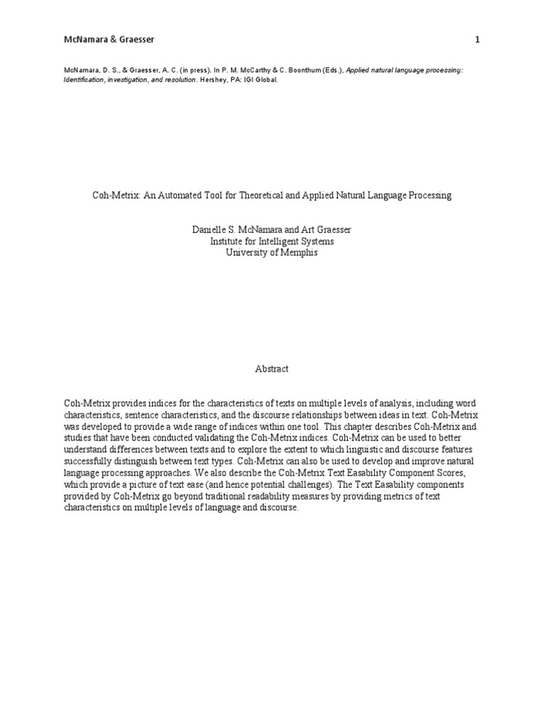 McNamara Graesser Coh-Metrix | PDF | Reading Comprehension | Sentence (Linguistics)
