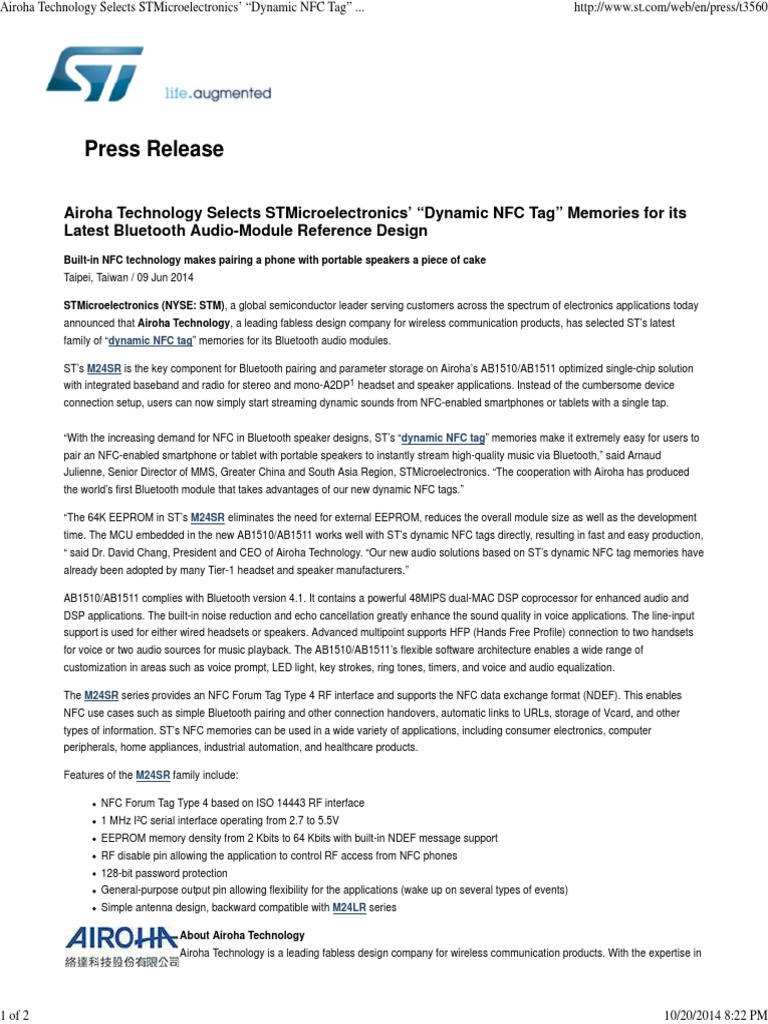 Airoha Technology Selects STMicroelectronics' "Dynamic NFC Tag ...
