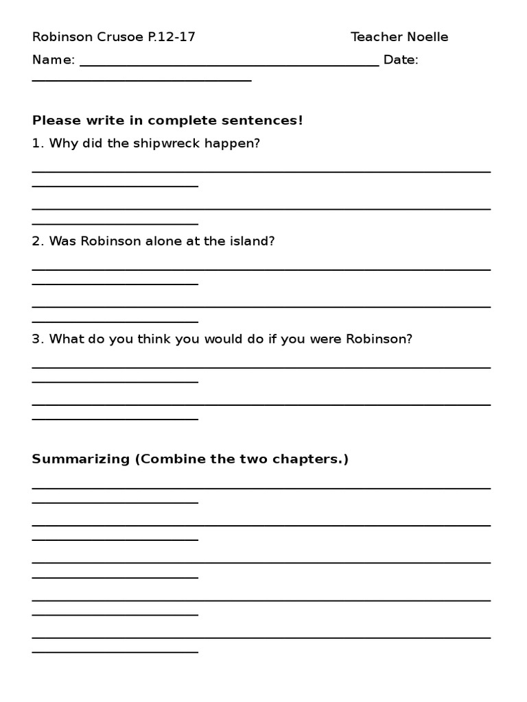 Robinson Crusoe Chapter Questions | PDF