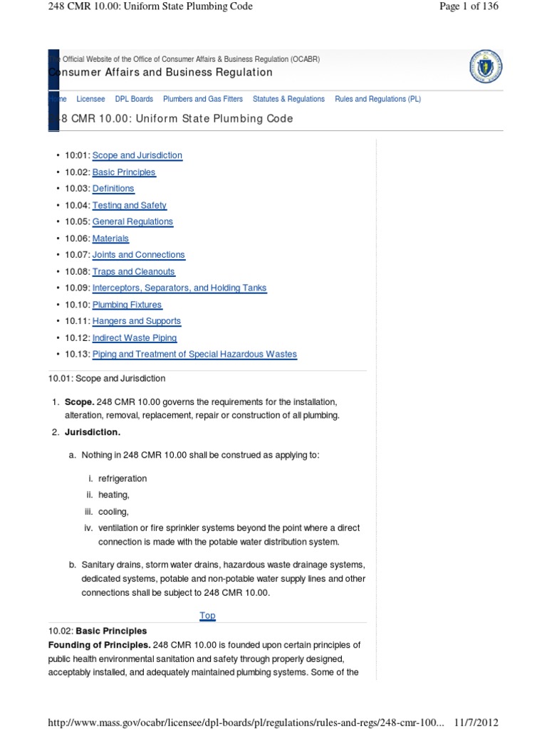 248 Cmr - Ma Plumbing | Sanitary Sewer | Plumbing