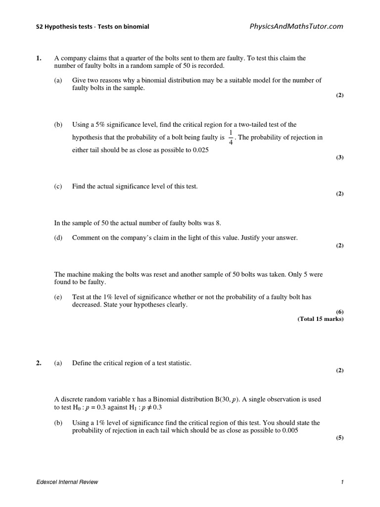 S2 Hypothesis Tests Tests On Binomial Pdf Statistical Hypothesis 2863