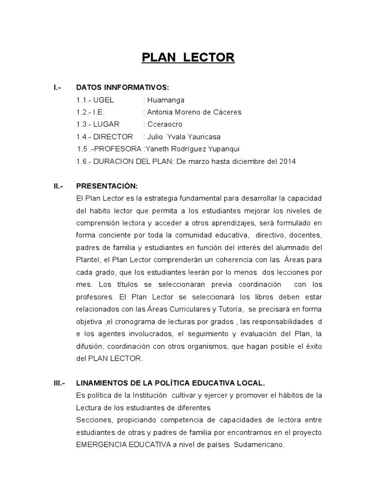 Plan Lector - Secundaria | PDF | Lectura (proceso) | Comprensión lectora