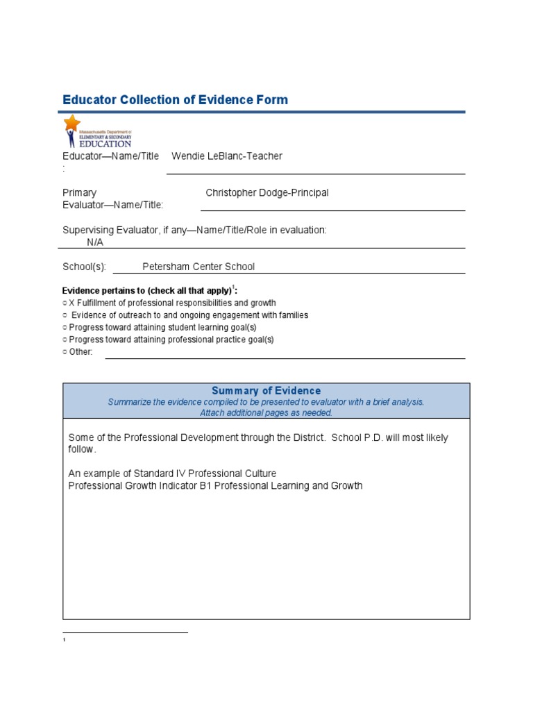 Educator Evidence Collection Form | PDF | Self-Improvement